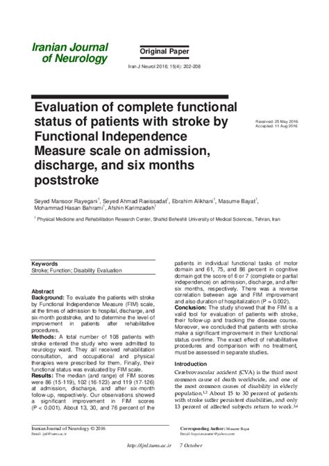 Pdf Evaluation Of Complete Functional Status Of Patients With Stroke By Functional