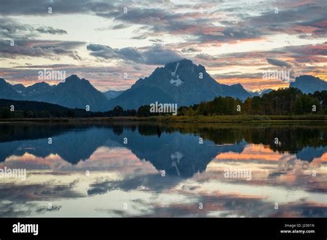 Usa Wyoming Grand Teton National Park Sunset At Oxbow Bend Stock