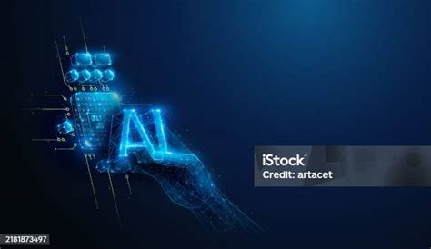 Ai 기술을 Cpu 칩에 넣는 로우 폴리 손의 추상 그림 인공 지능 컴퓨팅 하드웨어 개발 개념을 묘사하는 파란색 기하학적 배경 와이어프레임 연결 구조로 내비게이션에 대한