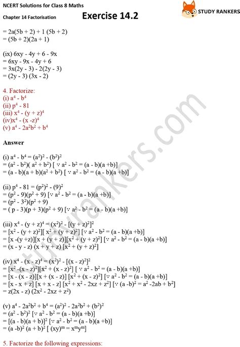 Ncert Solutions For Class 8 Maths Ch 14 Factorization Exercise 14 2