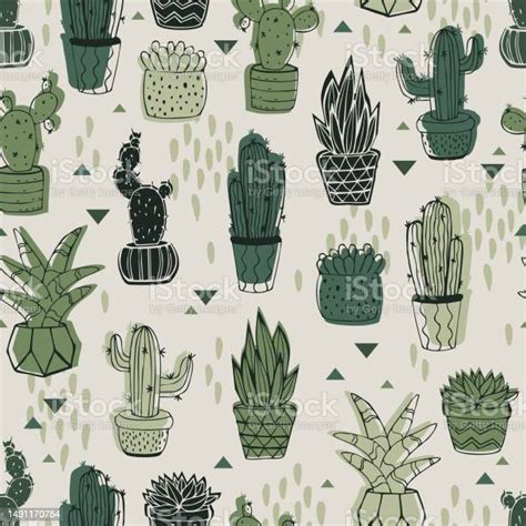 선인장과 다육 식물로 손으로 그린 장식적인 이음매 없는 패턴 선인장에 대한 스톡 벡터 아트 및 기타 이미지 선인장 예술