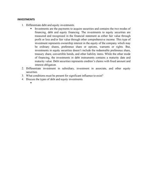 Investments St Semester Practice Materials INVESTMENTS Differentiate Debt And Equity Studocu