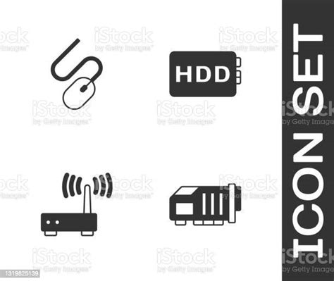비디오 그래픽 카드 컴퓨터 마우스 라우터 및 Wifi 신호 및 하드 디스크 드라이브 Hdd 아이콘을 설정합니다 벡터 광학 기기에 대한 스톡 벡터 아트 및 기타 이미지