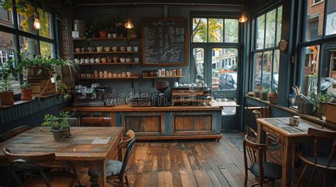 Cafe Interior Design Rustic Coffee Shop With Wooden Tables Chairs And A Chalkboard Menu On
