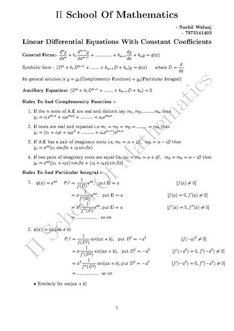 Linear Differencial Equation Π School Of Mathematics Π School Of Mathematics Sushil Walunj