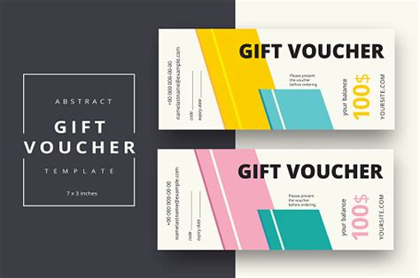 추상 선물 바우처 카드 템플릿입니다 현대 할인 쿠폰 또는 인증서 레이아웃 기하학적 모양 패턴 패션 밝은 배경 디자인 정보 샘플 텍스트와 벡터 고급에 대한 스톡 벡터 아트 및