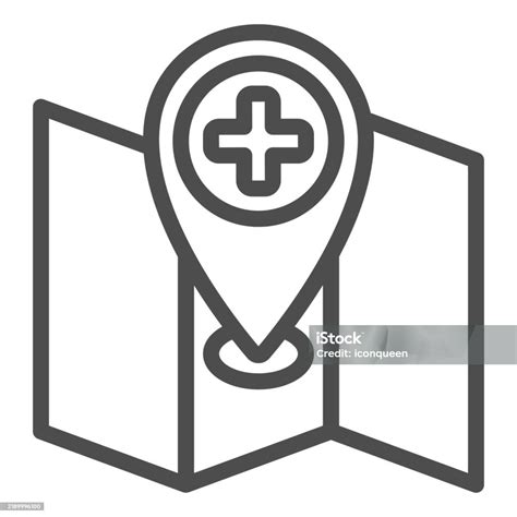 의료 십자가 선 아이콘이 있는 지도 및 위치 핀 인간 구조 개념 벡터 그래픽 지리적 위치 흰색 배경의 탐색 기호 모바일 또는 웹 디자인용 윤곽선 스타일 아이콘 가리키기에