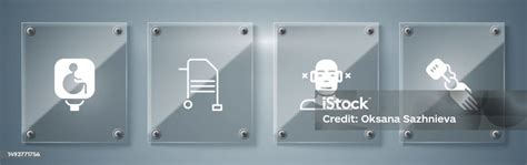 보철물 손 청각 장애인 보행기 및 장애인 휠체어를 설정하십시오 정사각형 유리 패널 벡터 건강 진단에 대한 스톡 벡터 아트 및