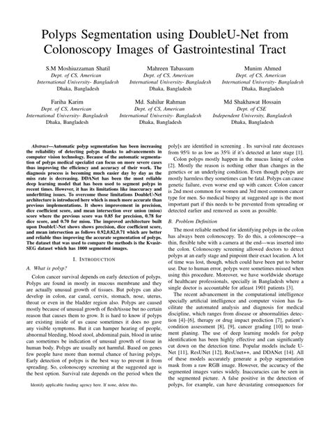 PDF Polyps Segmentation Using DoubleU Net From Colonoscopy Images Of Gastrointestinal Tract