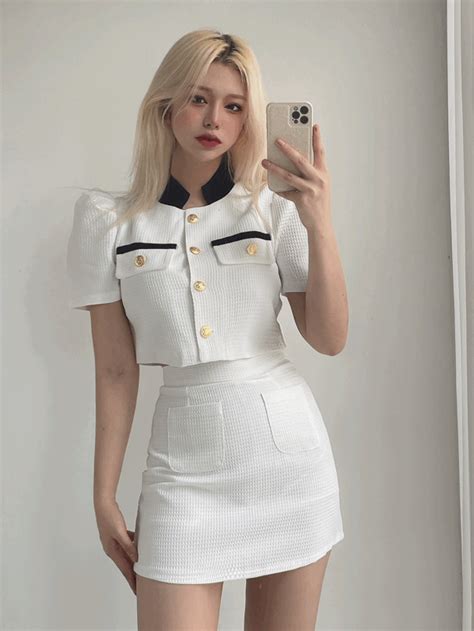 퍼프 카라 트위드 크롭자켓투포켓 미니스커트 4color 에이블리