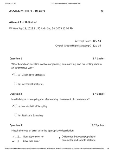 Quiz 1 F23 Business Statistics Download Free Pdf Sampling Statistics Statistics