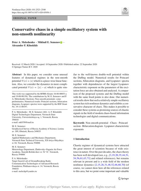 Conservative Chaos In A Simple Oscillatory System With Non Smooth Nonlinearity Request Pdf