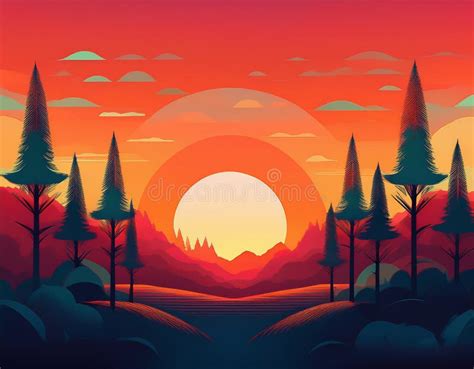Minimalist Sunset Over Forest Simple Shapes And Gradients For Warm Autumn Evenings Stock Image