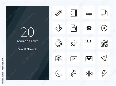 20 Basic Ui Elements Outline Icon For Presentation Vector Line Icons Illustration Stock Vector