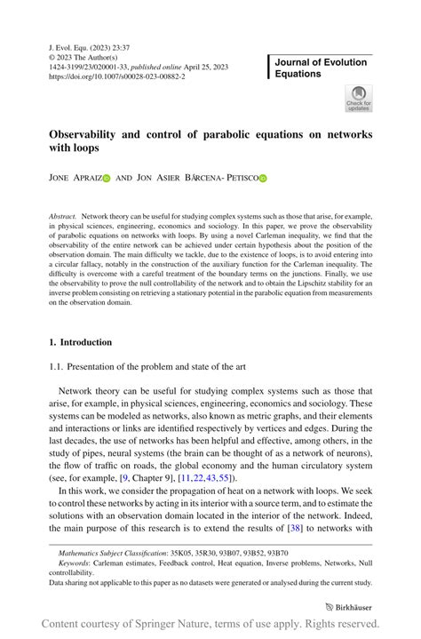 Pdf Observability And Control Of Parabolic Equations On Networks With Loops