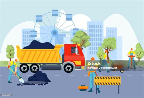 도시 도로 수리 작업 개념 근면 빌더 생성자 남성 캐릭터 수정 도시 고속도로 유지 보수 평면 벡터 그림 개념에 대한 스톡 벡터 아트 및 기타 이미지 Istock