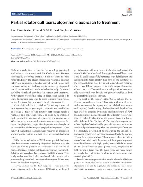 Pdf Partial Rotator Cuff Tears Algorithmic Approach To Treatment
