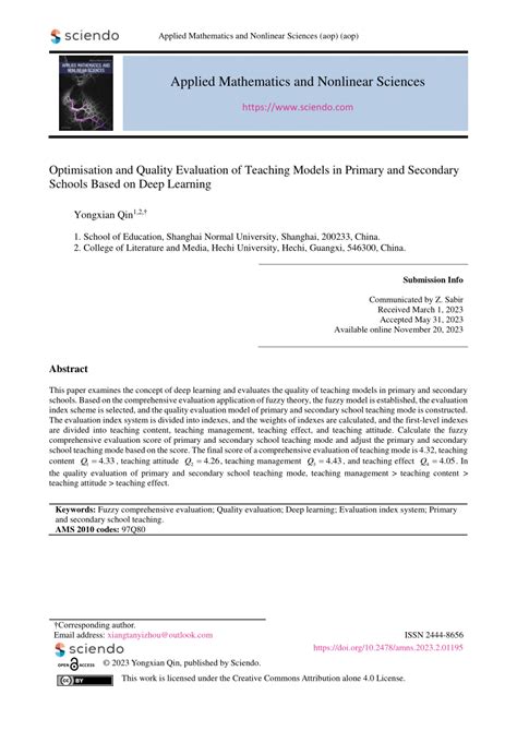 Pdf Optimisation And Quality Evaluation Of Teaching Models In Primary And Secondary Schools