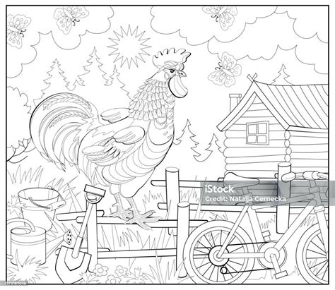 아침 농장에 있는 귀여운 수탉의 삽화 어린이와 성인을 위한 색칠하기 책 젠탱글 스타일의 이미지 가축 그림과 명상을 위한 인쇄 가능한 페이지입니다 흑백 벡터입니다 0명에 대한
