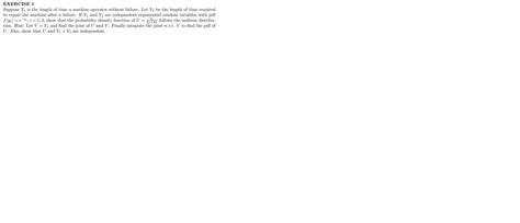 Solved EXERCISE 1 Suppose Y1 Is The Length Of Time A Machine Chegg Com
