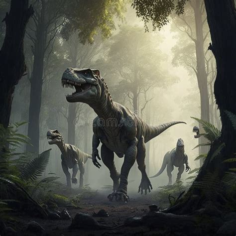 A Group Of Tyrannosaurus Rex Hunting In The Forest Stock Illustration