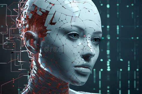 Face Of Female Android Bio Robot Close Portrait Concept Of