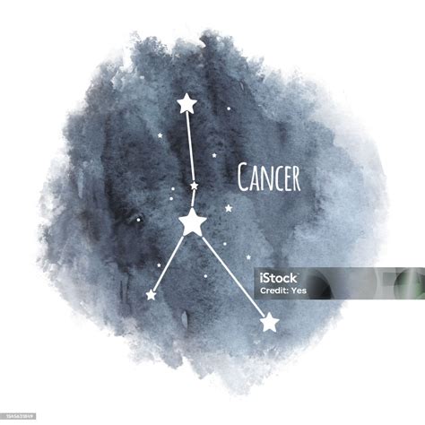 수채화 배경에 있는 암 조디악 표지판 별자리는 흰색 별자리 문자 어두운 하늘에 있는 흰색 별자리에 분리되어 있다 게자리에 대한