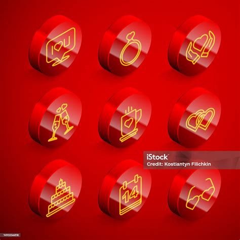 세트 라인 말풍선 텍스트 사랑해 결혼 반지 하트 손 샴페인 한 잔 커피 컵 하트 두 개의 연결된 하트 케이크 및 2월 14일 아이콘이 있는 달력 벡터 3차원 형태에 대한