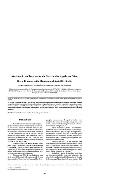 Pdf Atualização No Tratamento Da Diverticulite Aguda Do Cólon