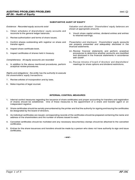 Auditing Problems Problems Ap 06 Audit Of Equity Download Free Pdf Treasury Stock Stocks