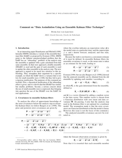 Pdf Comment On Data Assimilation Using An Ensemble Kalman Filter Technique”