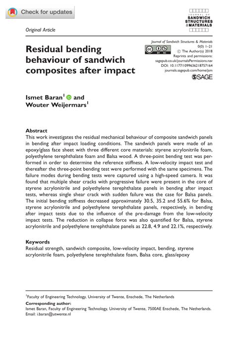 Pdf Residual Bending Behaviour Of Sandwich Composites After Impact