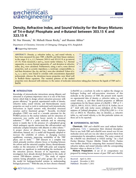 Pdf Density Refractive Index And Sound Velocity For The Binary