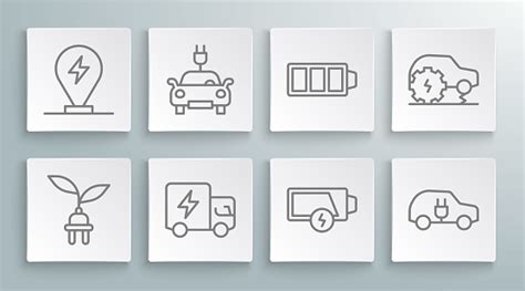 세트 라인 전기 절약 플러그 잎 자동차 트럭 배터리 부족 배터리 충전 서비스 및 충전 주차 전기 아이콘 벡터 가득 찬에 대한 스톡 벡터 아트 및 기타 이미지 Istock
