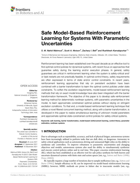 PDF Safe Model Based Reinforcement Learning For Systems With Parametric Uncertainties