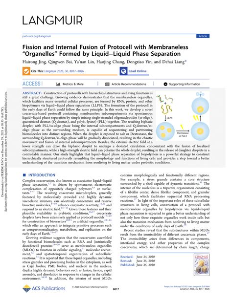 Pdf Fission And Internal Fusion Of Protocell With Membraneless “organelles” Formed By Liquid