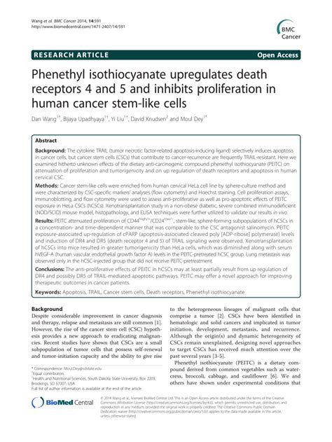 Pdf Phenethyl Isothiocyanate Upregulates Death Receptors 4 And 5 And Inhibits Proliferation In