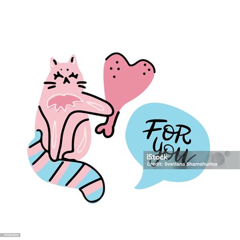 귀엽고 재미있는 핑크 고양이 캐릭터 새끼 고양이는 발에 그것을 들고 하트 모양의 닭 다리를 제공합니다 발렌타인 데이에 만화