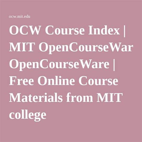 Ocw Course Index Mit Opencourseware Free Online Course Materials