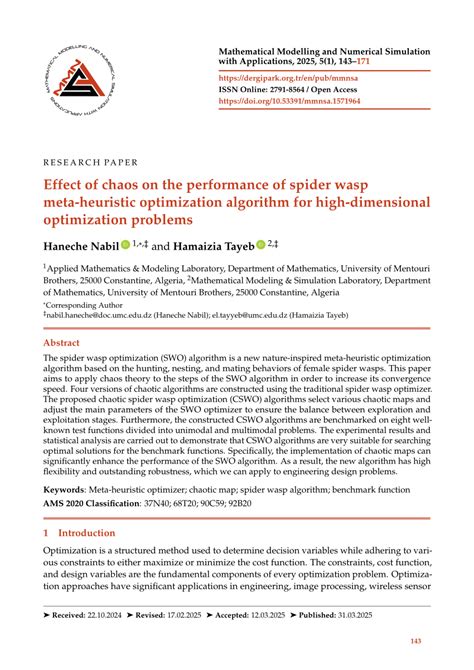 Pdf Effect Of Chaos On The Performance Of Spider Wasp Meta Heuristic Optimization Algorithm