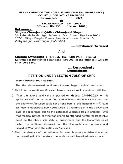 Nbw Recall Section 70 2 Of Crpc Of Singam Chiranjeevi 2 Of Stc Ni 919