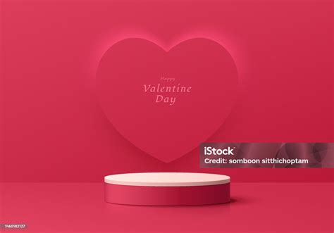 현실적인 흰색 분홍색 실린더 받침대 연단 발렌타인 데이 3d 배경에 심장 장면이 벽에 있습니다 최소 벽 장면 모형 제품 무대 쇼케이스 프로모션 디스플레이 추상 벡터 기하학적