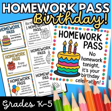 Birthday Homework Pass Editable Printable Color And Black And White Passes