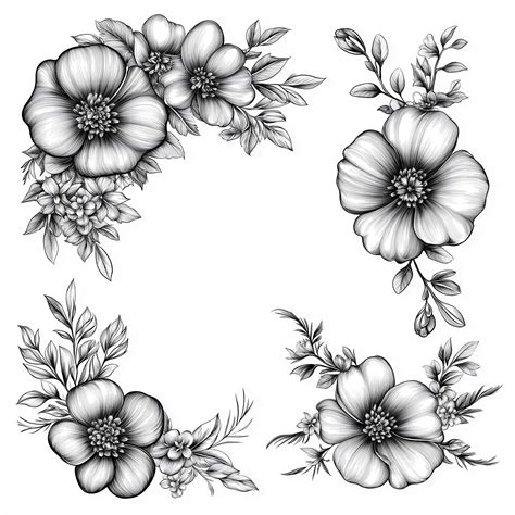 Rectangular Floral Frames Corner Flower Elements Line Drawings