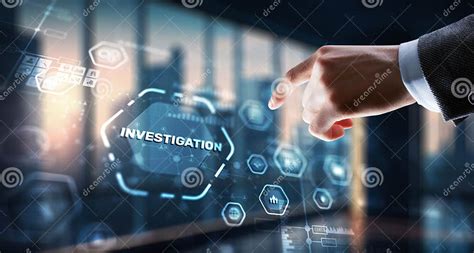 Investigation Business Concept Man Presses Investigations Button On A Virtual Screen Stock