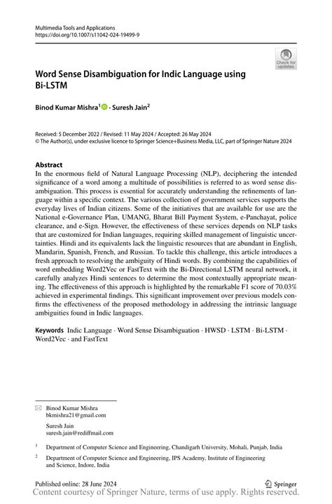 Word Sense Disambiguation For Indic Language Using Bi Lstm Request Pdf