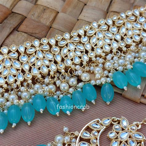 Light Blue Pearl Kundan Set For Saree