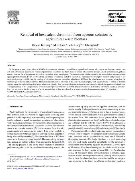 Pdf Removal Of Hexavalent Chromium From Aqueous Solution By