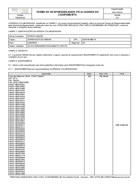 Termo De Responsabilidade Pela Guarda De Equipamentos Pdf Business