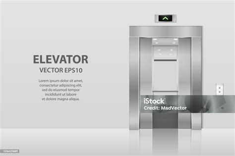 벡터 3d 현실적인 빈 빈 열기 및 폐쇄 강철 크롬 실버 금속 사무실 건물 리프트 엘리베이터 문 회색 벽에 버튼 바닥 인테리어 모형입니다 비즈니스 개념입니다 정면 보기